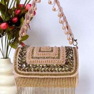 Pink and Golden Bridal Purse | Rose Gold Evening Bag With Pearls ...