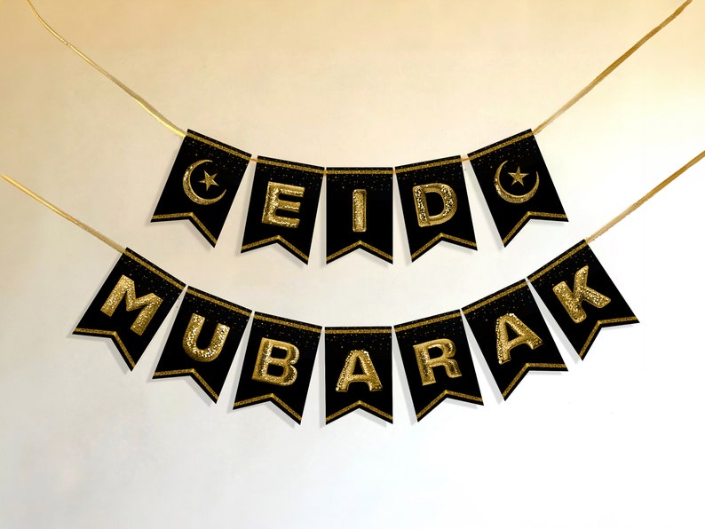 Eid Mubarak Banner, Eid Mubarak Banner Bunting With Gold Letters, Eid ...