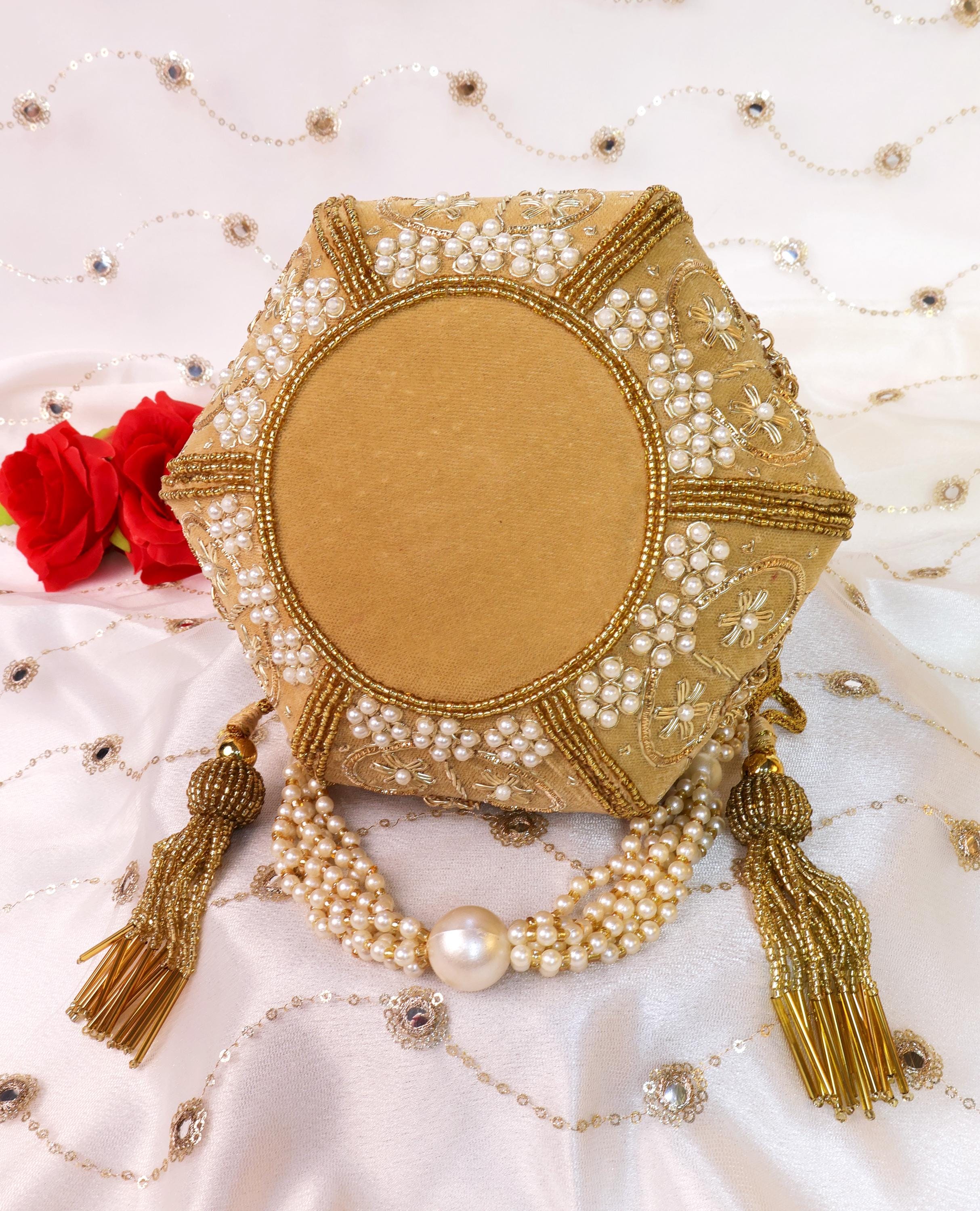 Golden Lotus Potli Bag | Gold Potli Bag | Embroidered Lotus Potli With ...