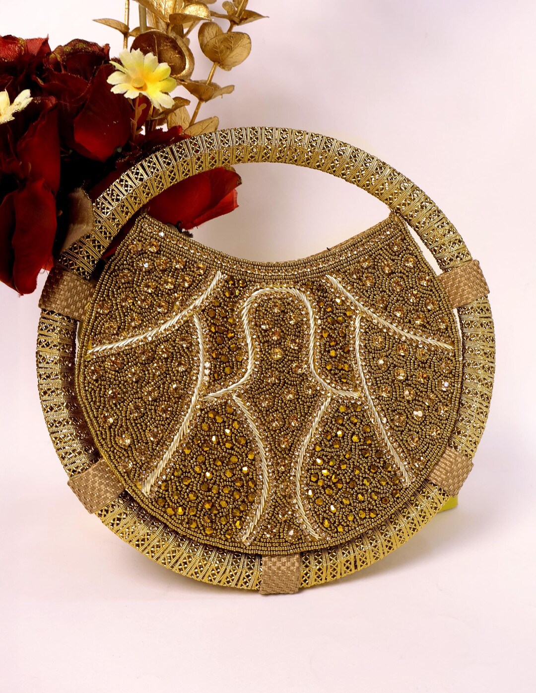 Golden Round Clutch Bag With Brass Handle, Embellished Rajwadi Style ...