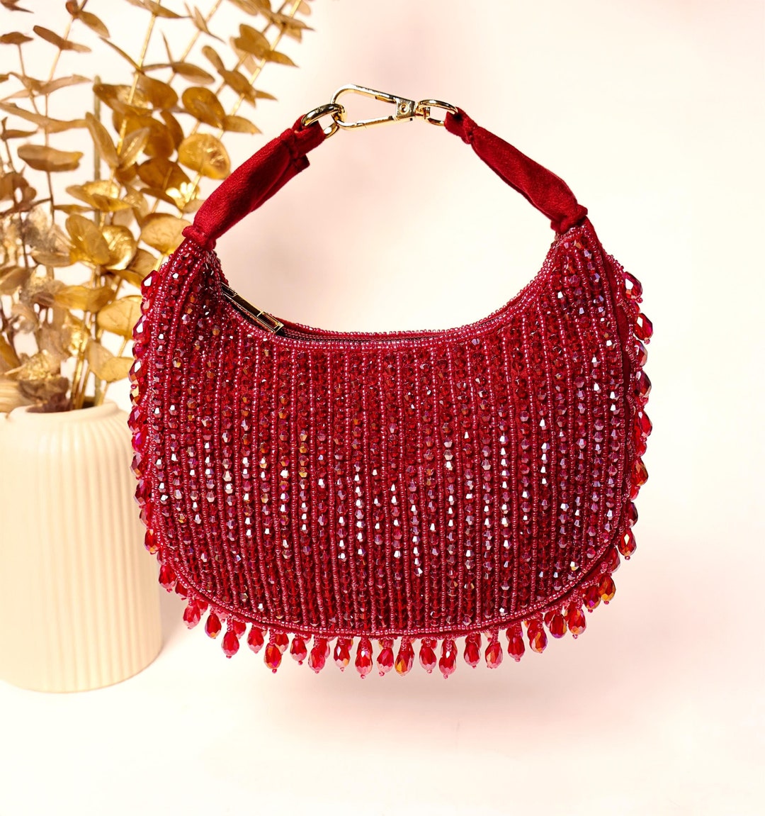 Crystal Embellished Red Crescent Clutch: Elegant Party Handbag - Etsy