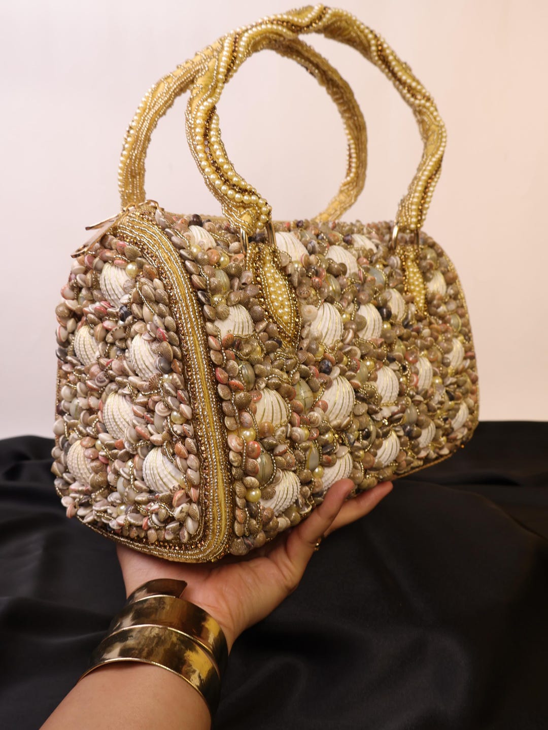 Seashell Embellished Handbag, Golden Bogo Bag With Coral Shells ...