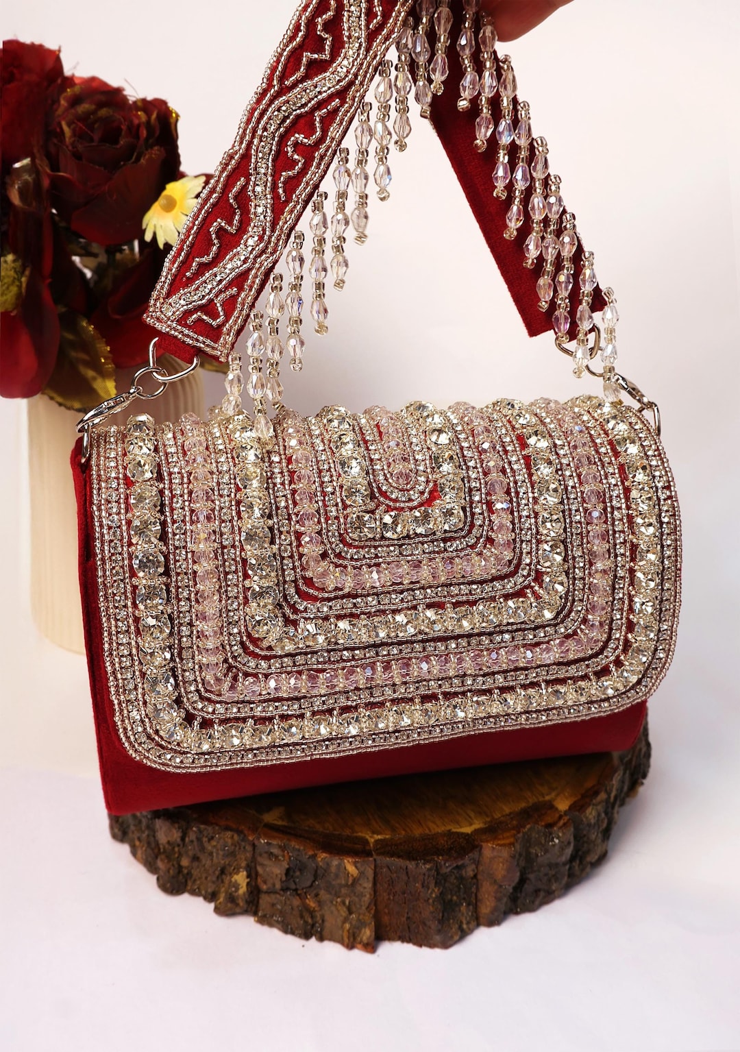 Embellished Red Handbag With Flap | Red Bridal Clutch With Rhinestone ...