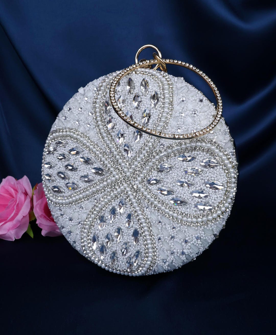 White Embellished Round Clutch Bag | Indian Handcrafted Wristlet Bridal ...