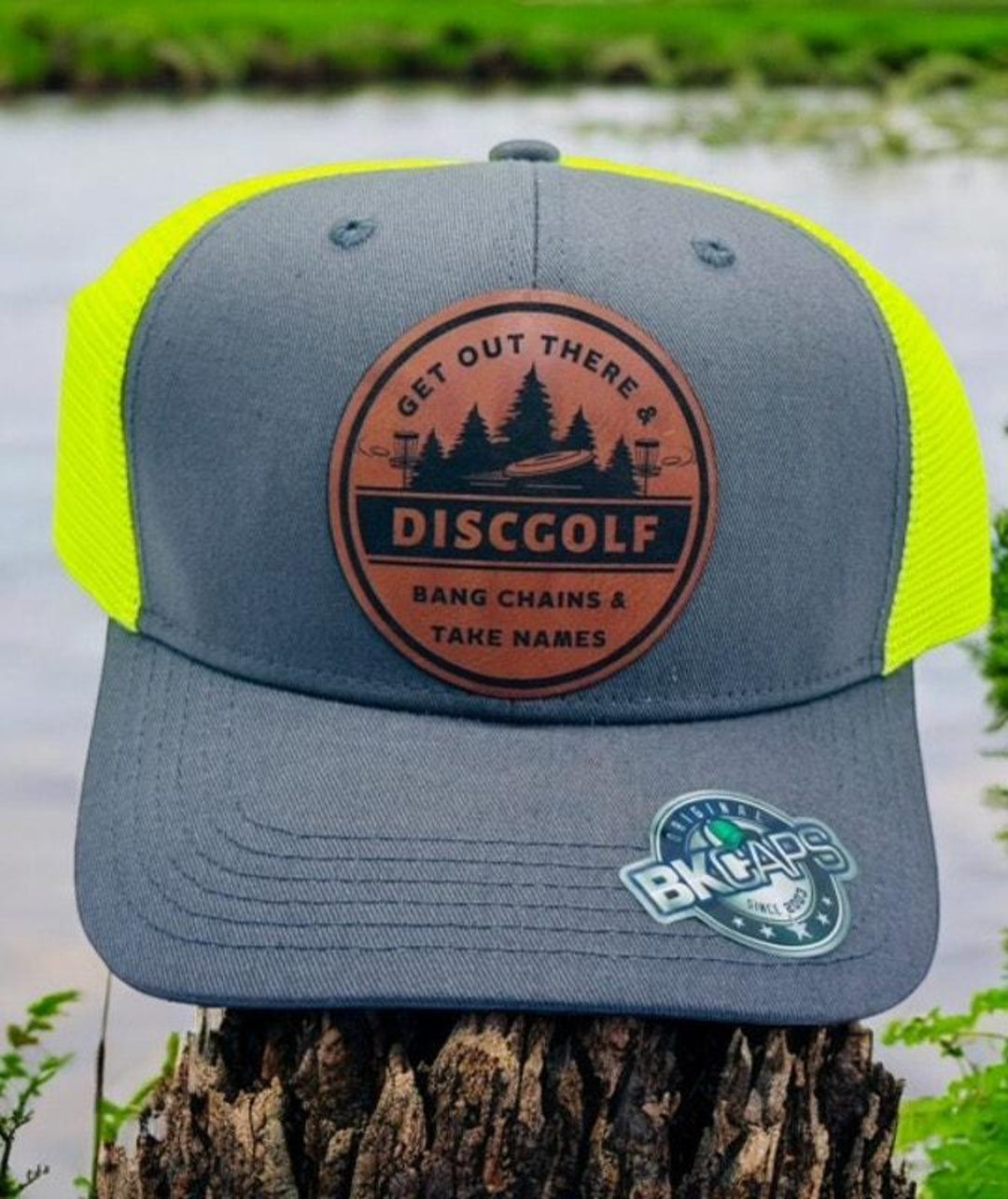 Disc Golf Leather Patch Hat Trucker Hat Bang Chains Gry/yell - Etsy
