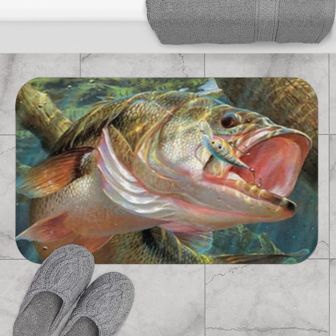 Bass Fishing Jumping Fish With Lure Colorful Fisherman Bath Mat Gift ...