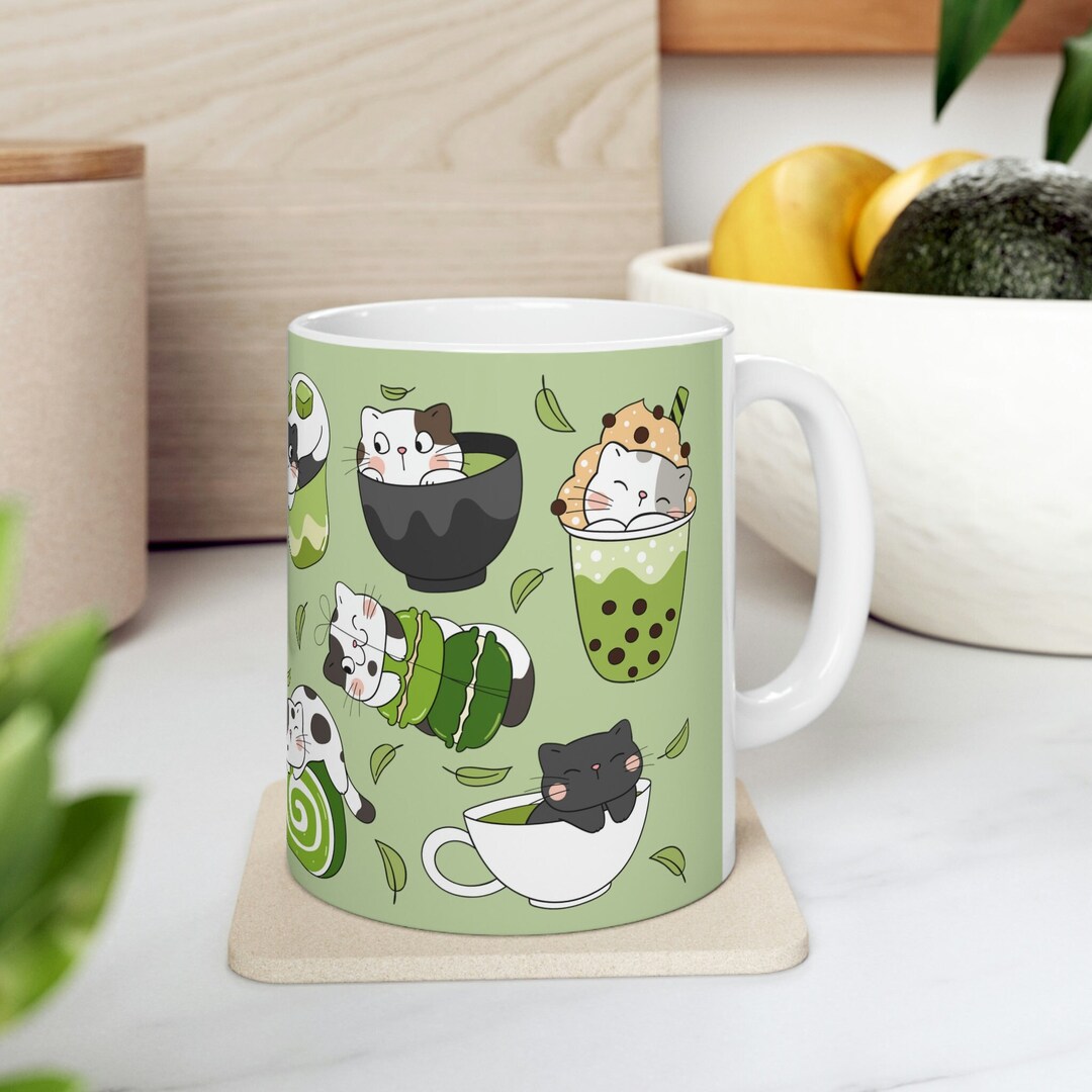 Matcha Tea and Cat Lovers Mug | Tea and Coffee Gift Mug | Kawaii Neko ...