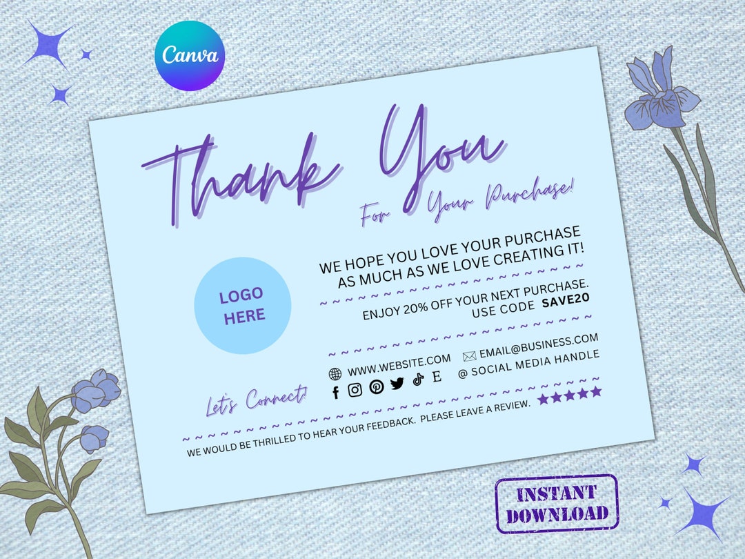 Blue Business Thank You Card, Editable Printable Package Insert ...