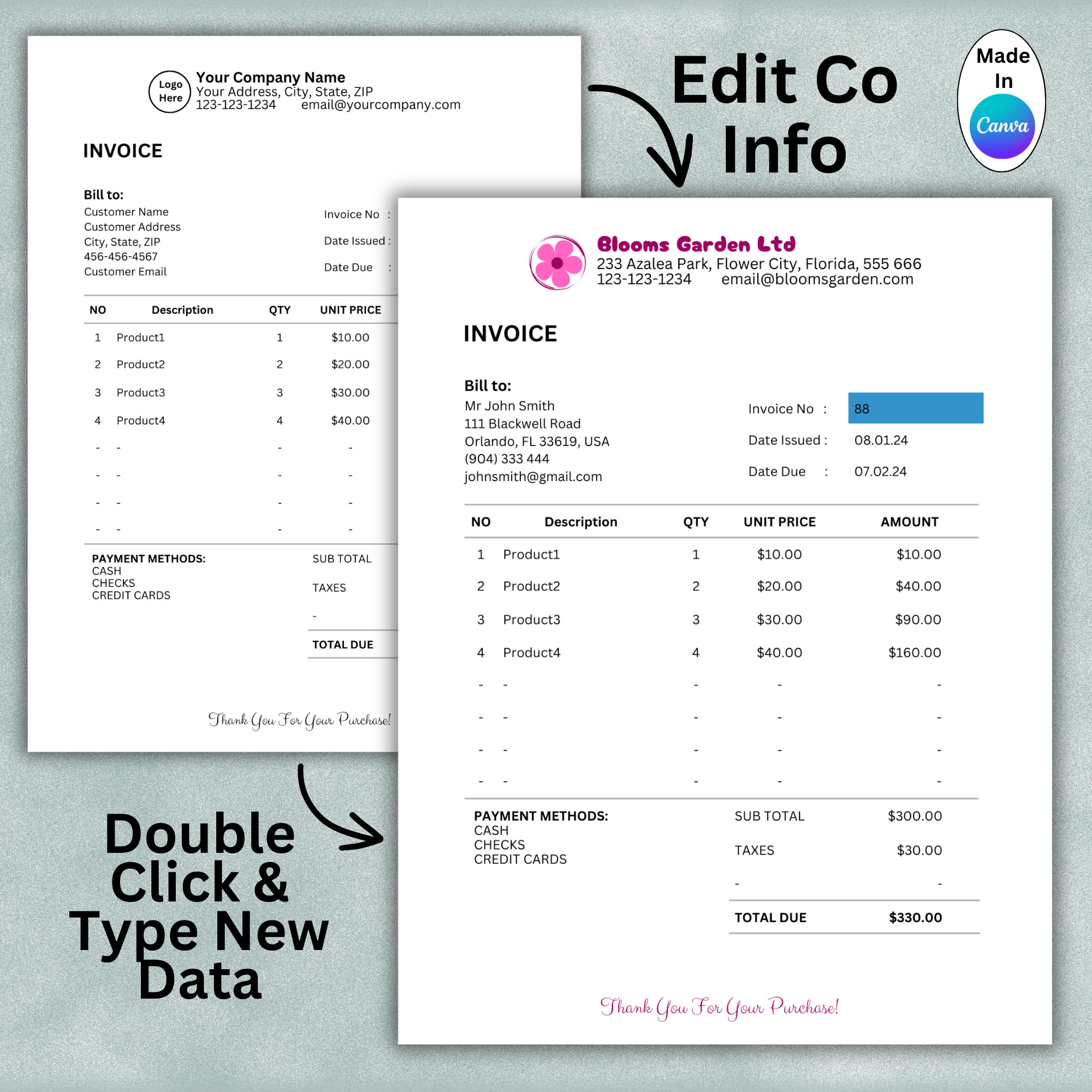 Small Business Invoice Template Editable, Custom Order Form Printable ...