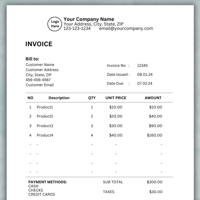 Small Business Invoice Template Editable, Custom Order Form Printable ...
