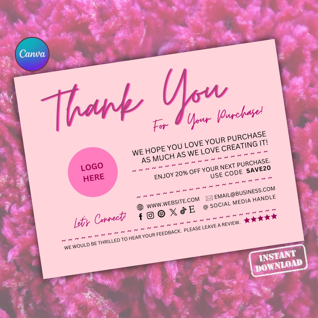 Thank You for Your Purchase Customer Card, Customizable Printable ...