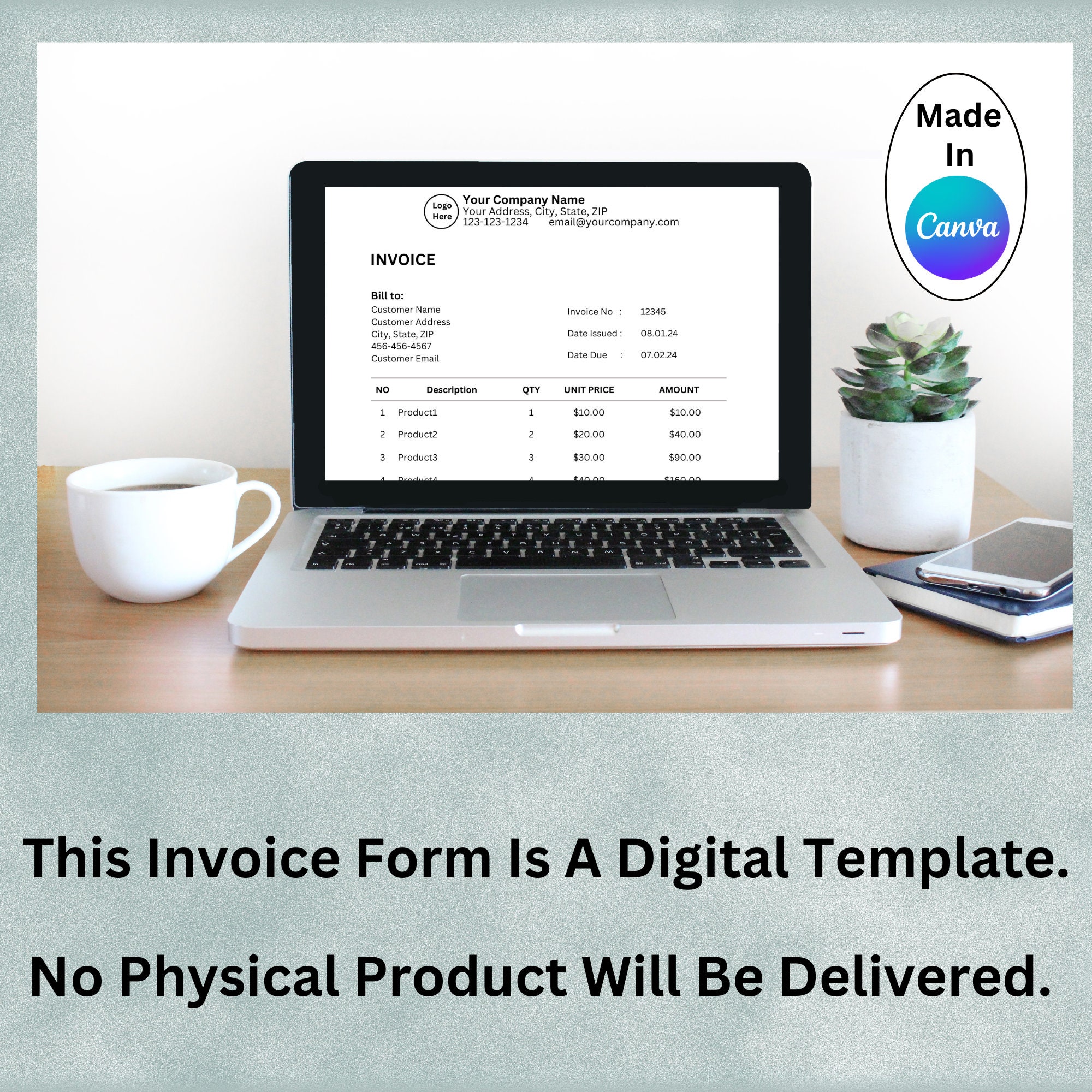 Small Business Invoice Template Editable, Custom Order Form Printable ...