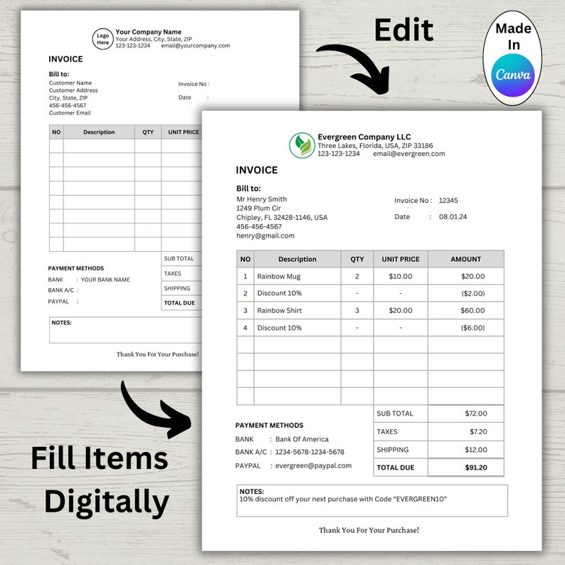 Small Business Printable Invoice Template, Editable Office Invoice Form ...