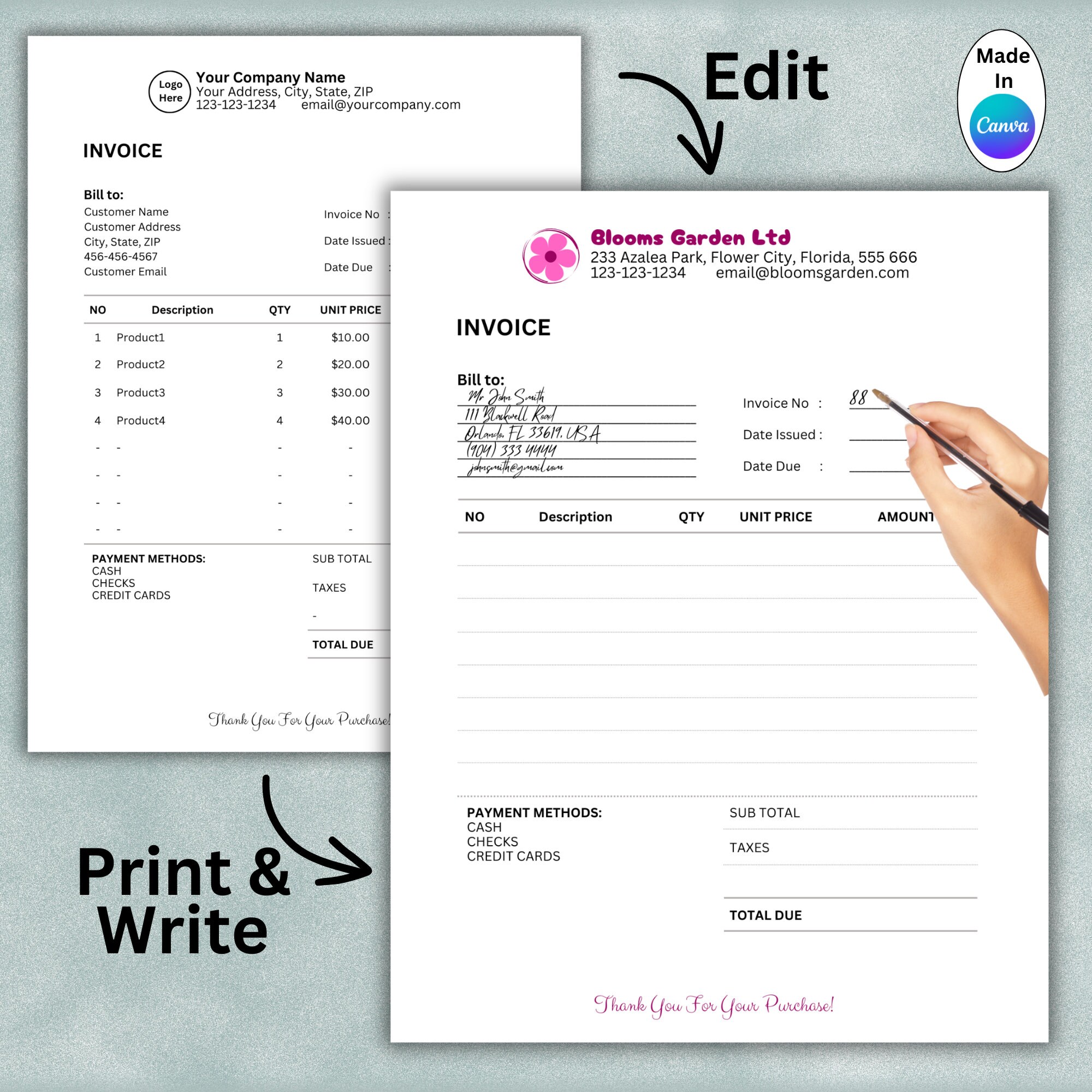 Small Business Invoice Template Editable, Custom Order Form Printable ...