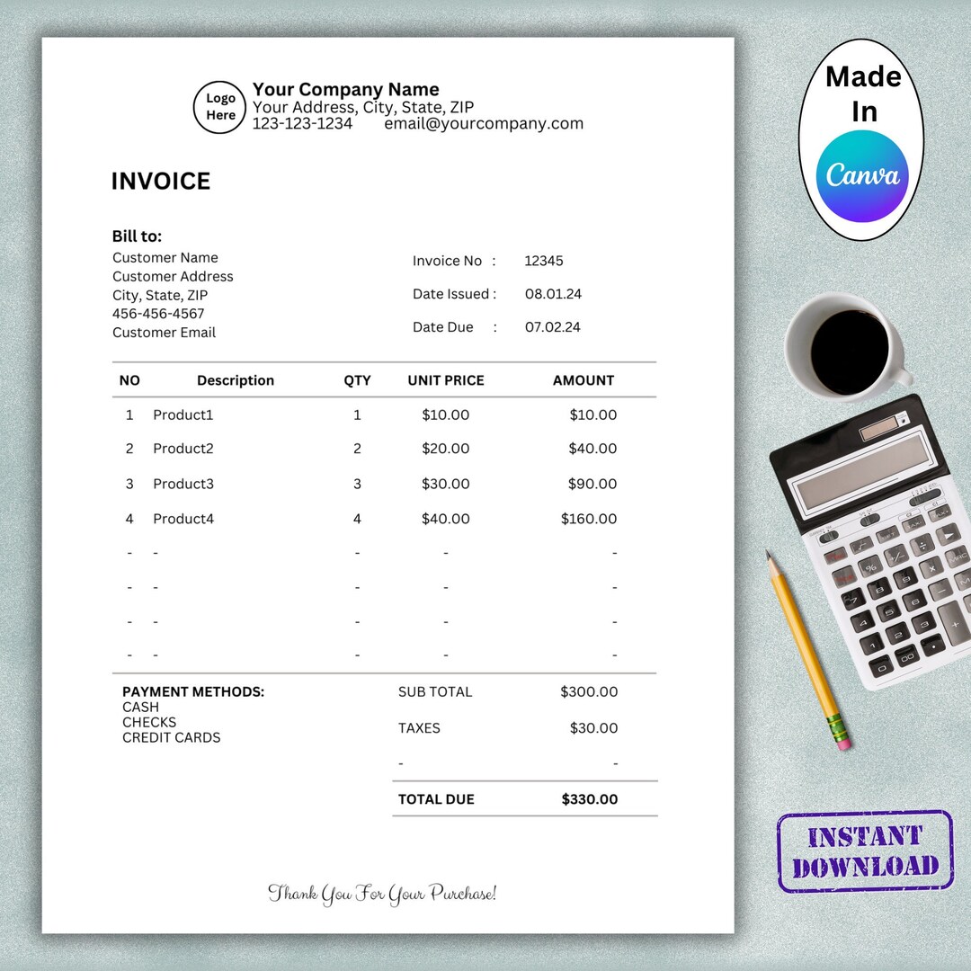 Small Business Invoice Template Editable, Custom Order Form Printable ...