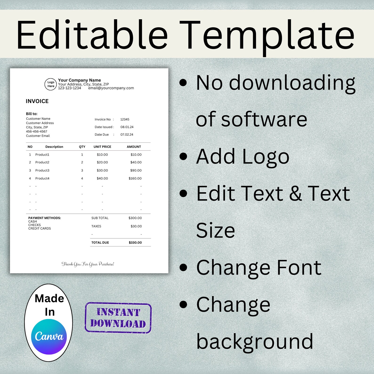 Small Business Invoice Template Editable, Custom Order Form Printable ...