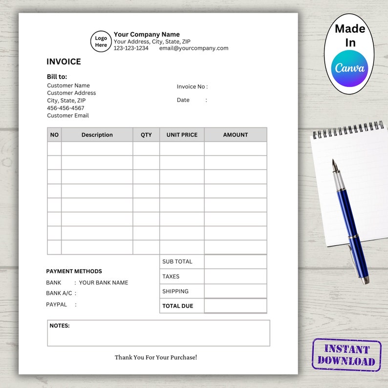 Small Business Printable Invoice Template, Editable Office Invoice Form ...