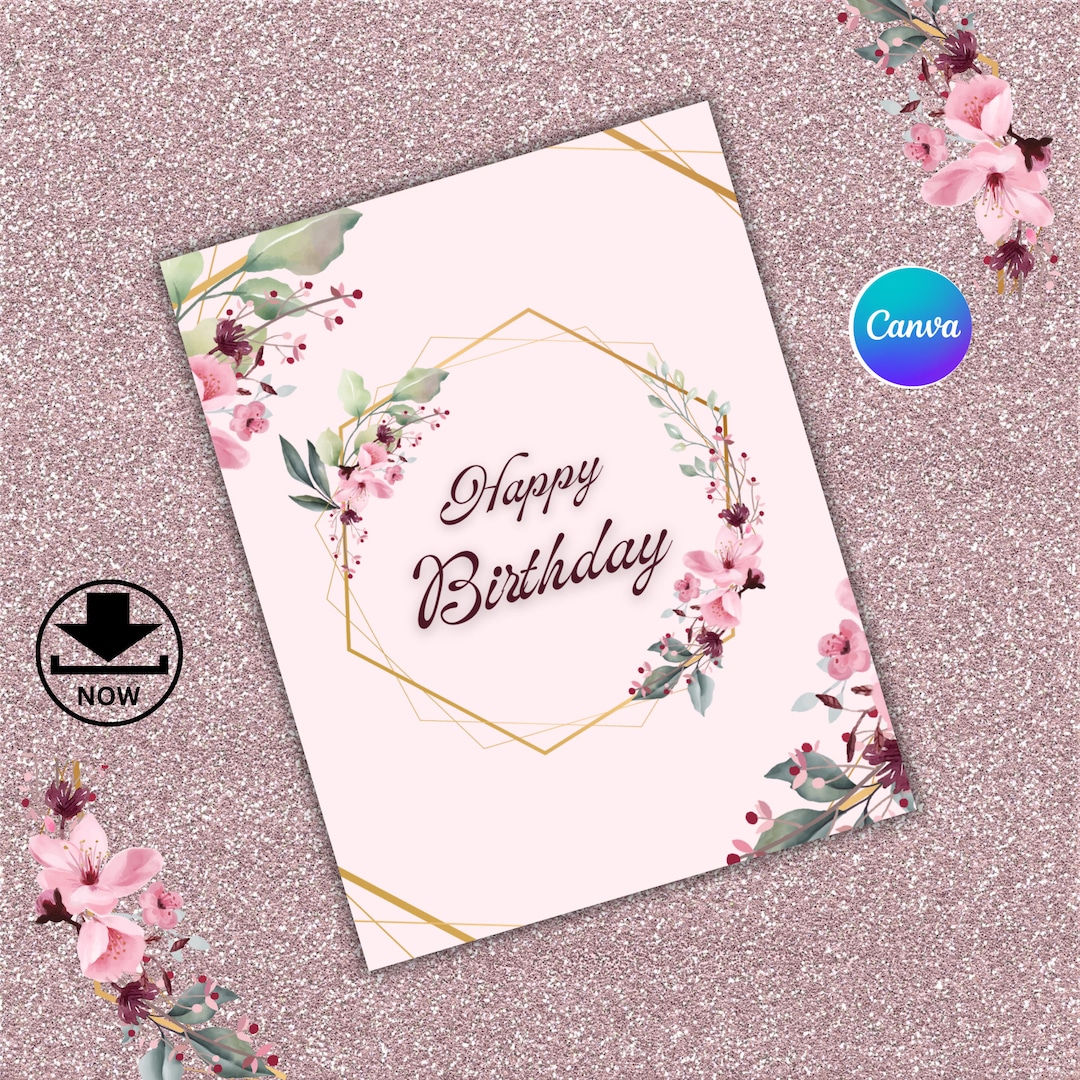 Card Happy Birthday Pink Floral Instant Download, Printable Editable ...