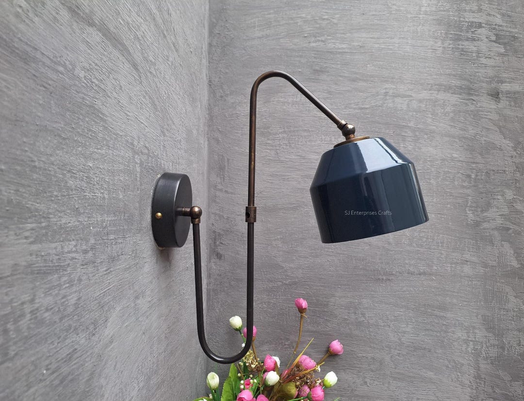 Mid Century Lagoon Blue Color Shade Modern Curved & Swivel Brass Wall ...