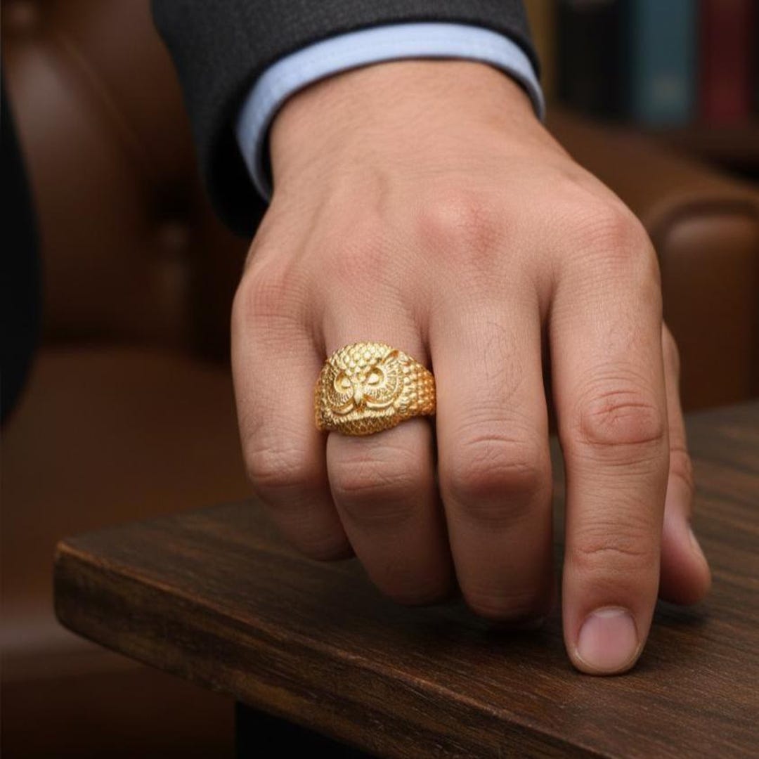 Gold Owl Ring, Handmade Animal Signet, Vintage Style Statement Band - Etsy