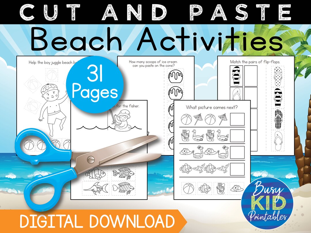 Beach Fun Scissor Skills Printable Summer Cut and Paste Activity Pages ...