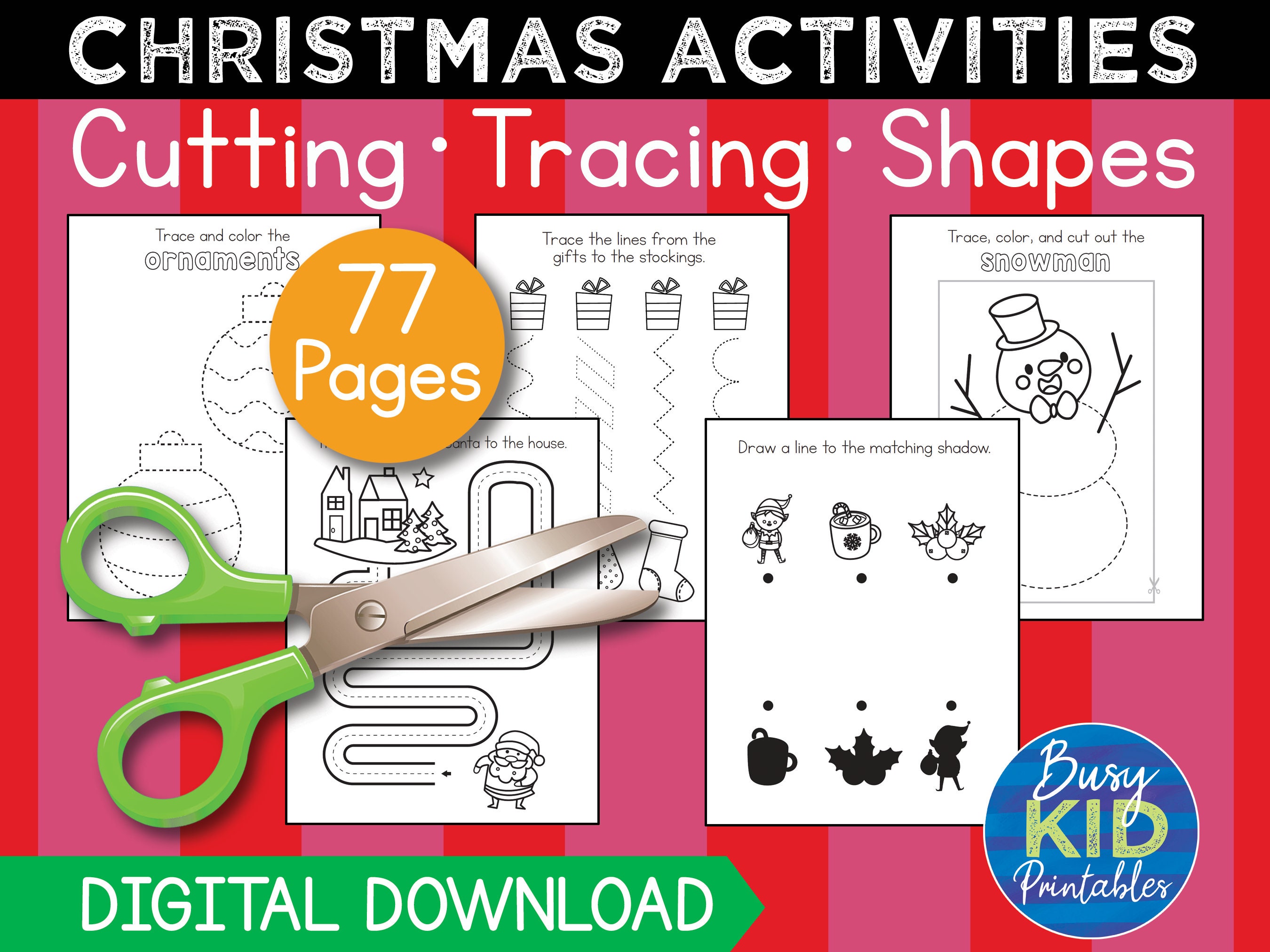 Christmas Preschooler Printable Tracing Cutting Shapes Lines Holiday ...