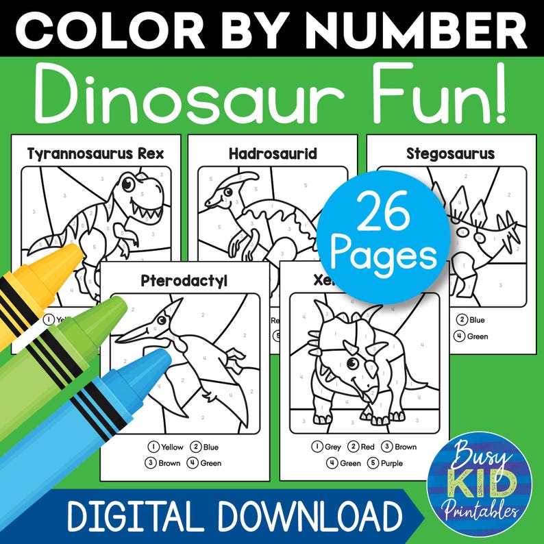 Dinosaur Printable - Color by Number - Coloring Activity Pages for Kids ...