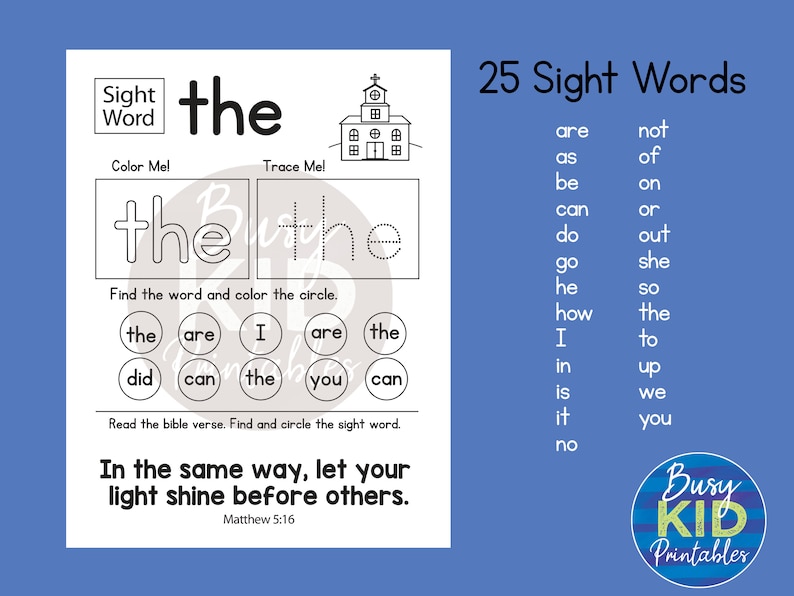 Bible Preschooler Printable - Sight Words - Christian Activity Pages ...