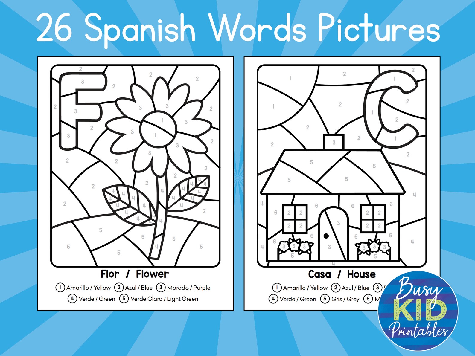 Spanish Words Kindergarten Printable - Color by Number - Español ...