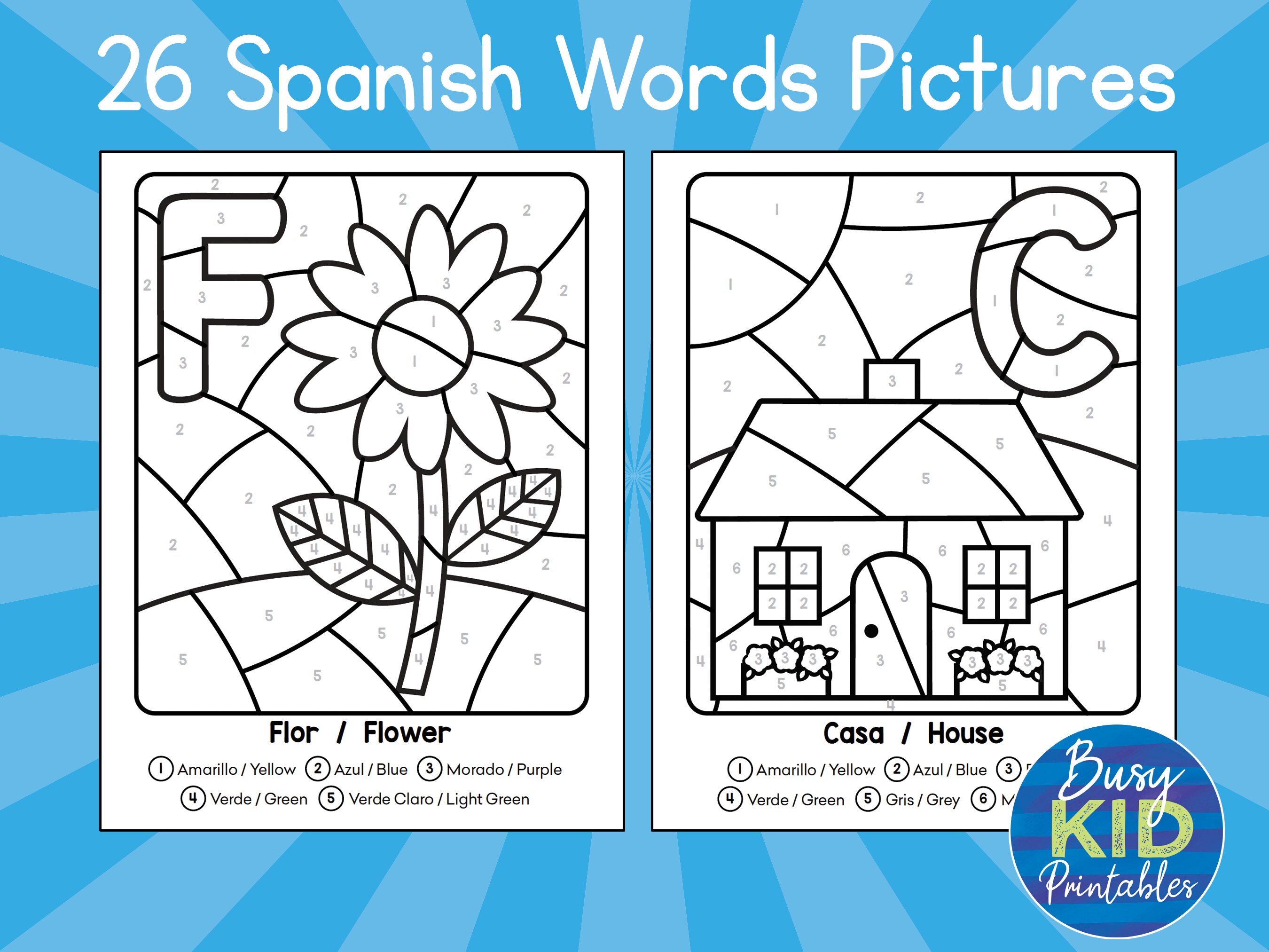 Spanish Words Kindergarten Printable - Color by Number - Español ...