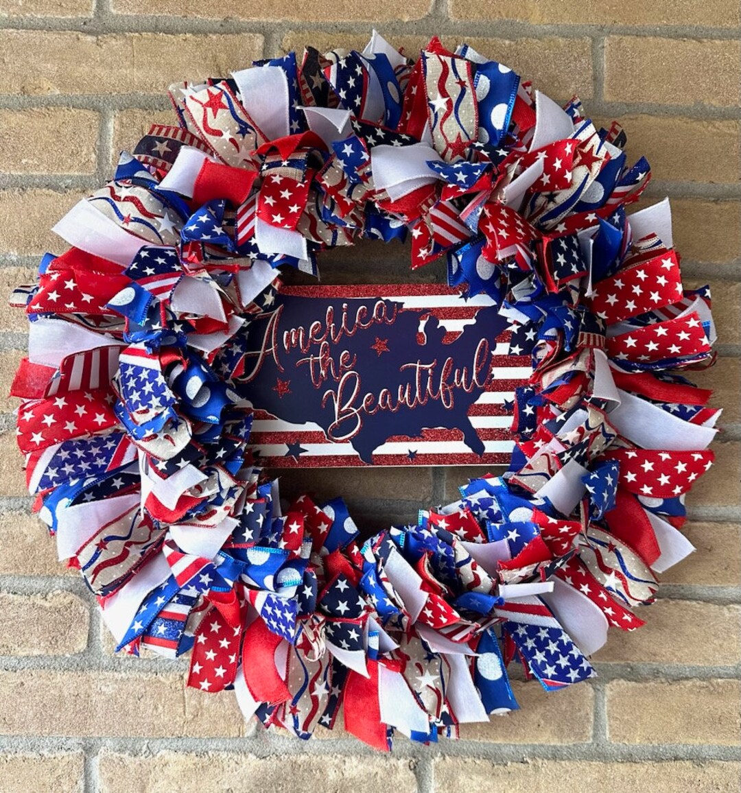 Patriotic Americana Ribbon Wreath, Fourth of July Decor, Ribbon Wreath ...