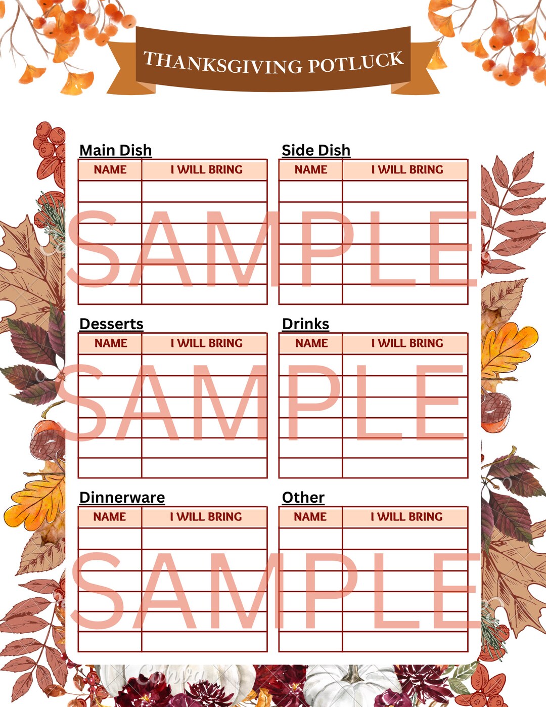 Thanksgiving Potluck Organizer - Etsy