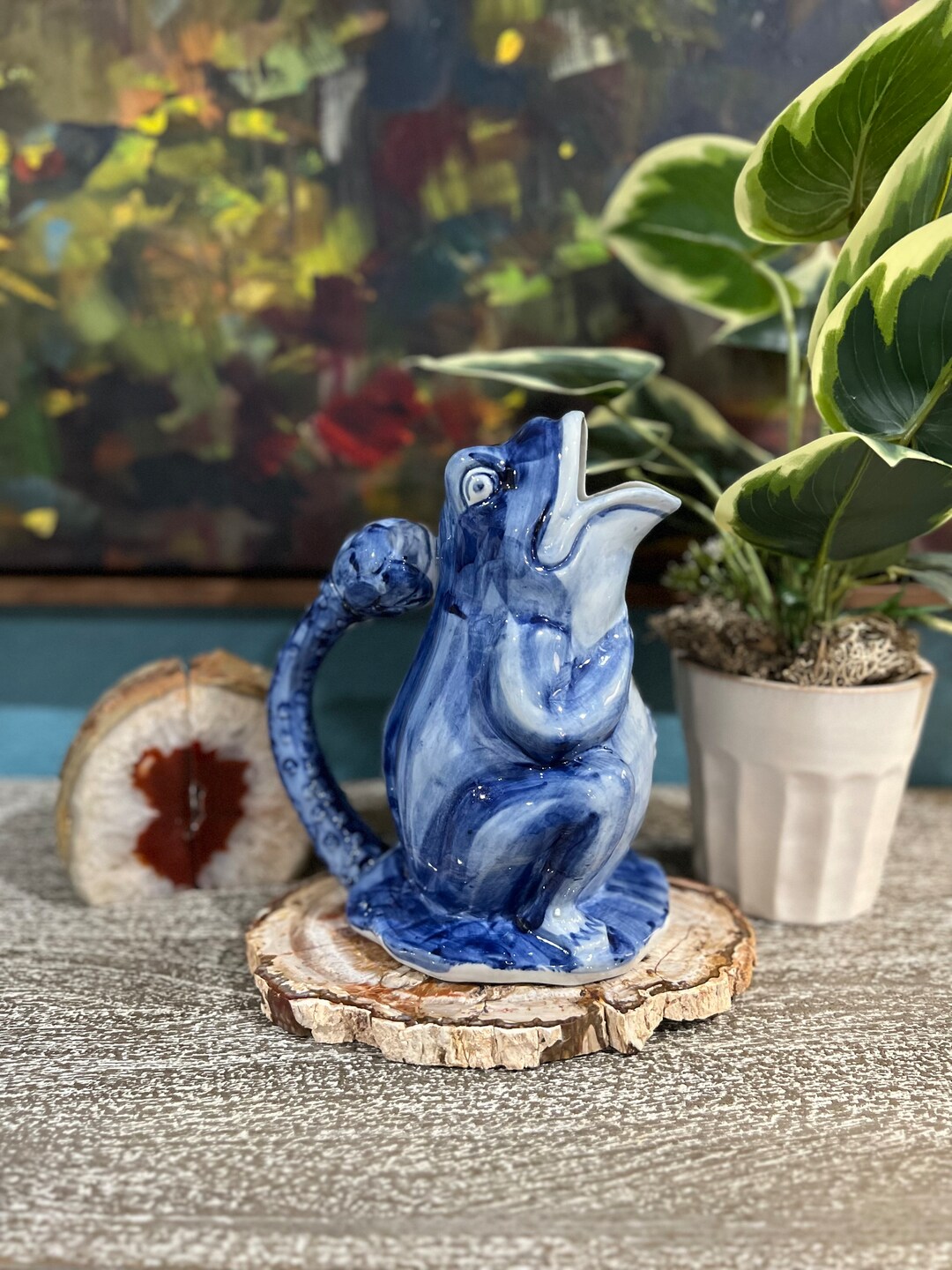 Vintage Blue Ceramic Frog Pitcher by the SPI - Etsy