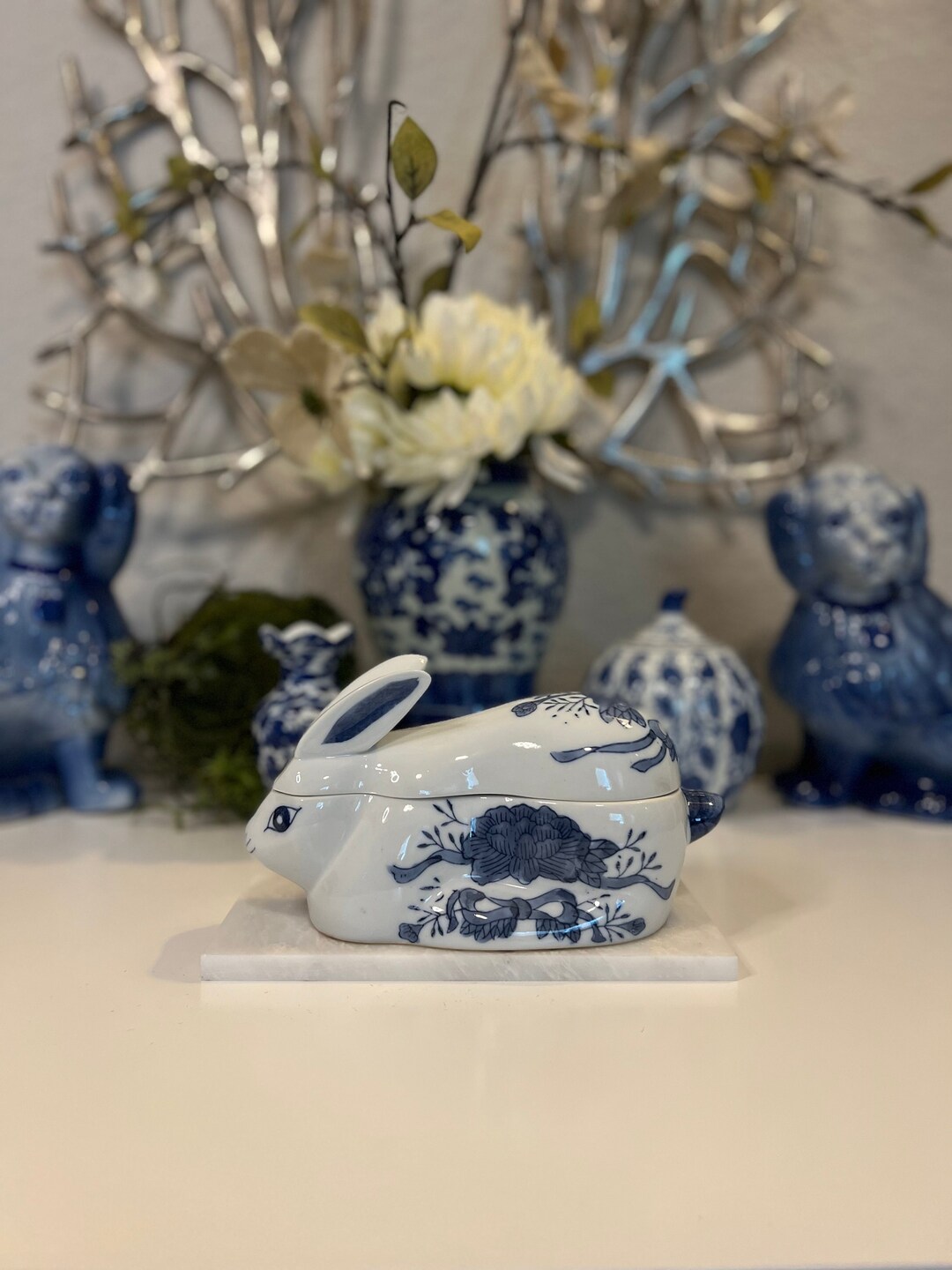 Vintage Blue and White Rabbit Lidded Trinket Dish - Etsy
