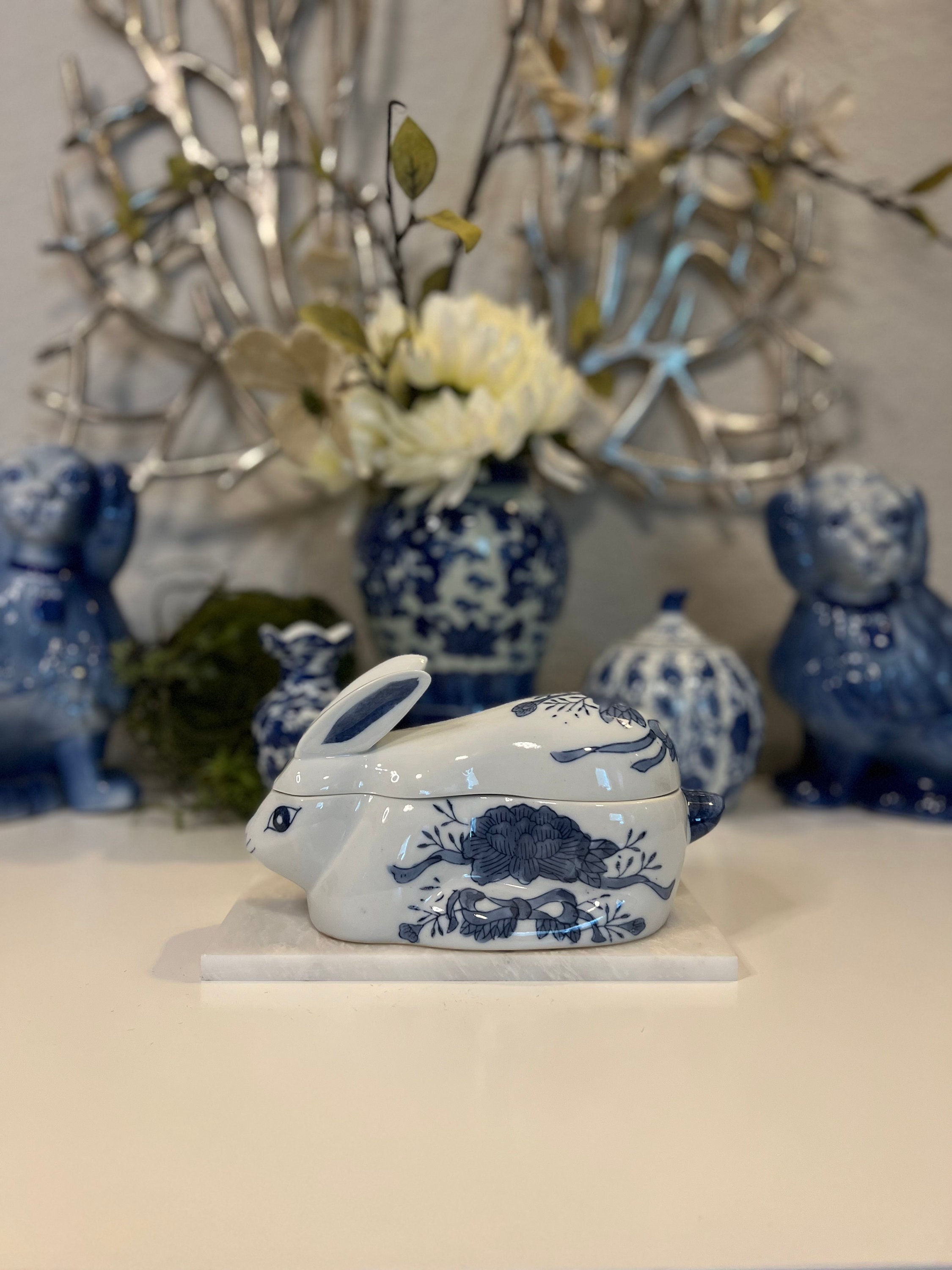 Vintage Blue and White Rabbit Lidded Trinket Dish - Etsy