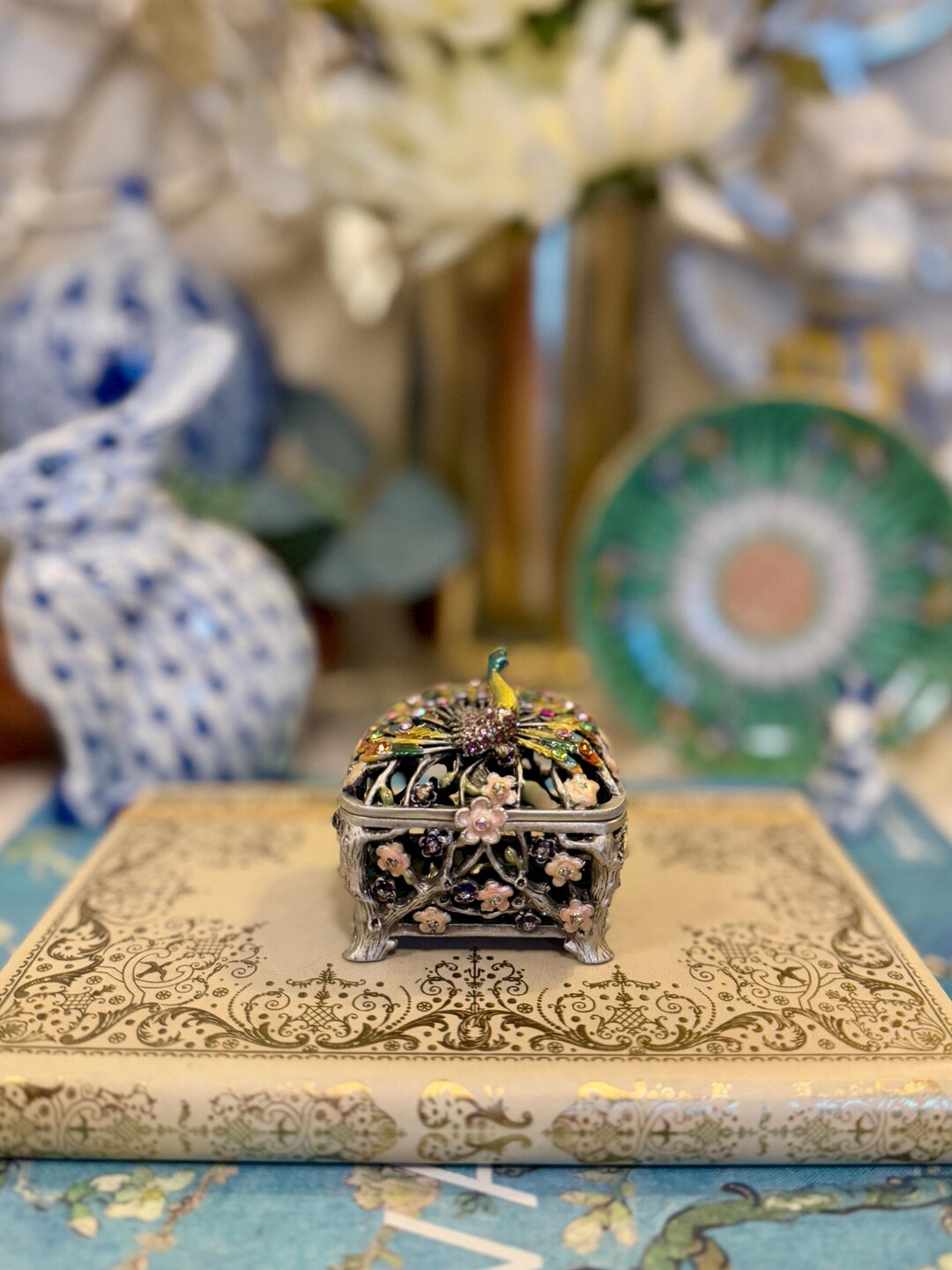 Enameled Peacock Hinged Trinket Box With Jewels - Etsy