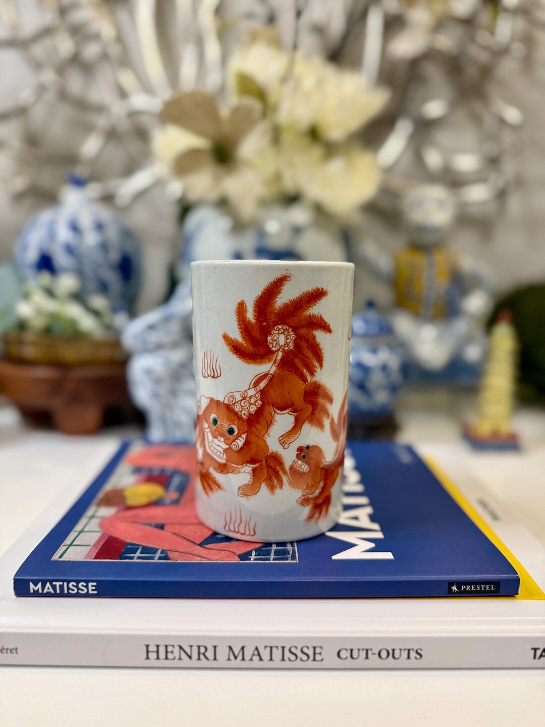 White Vase With Red Foo Dog - Etsy