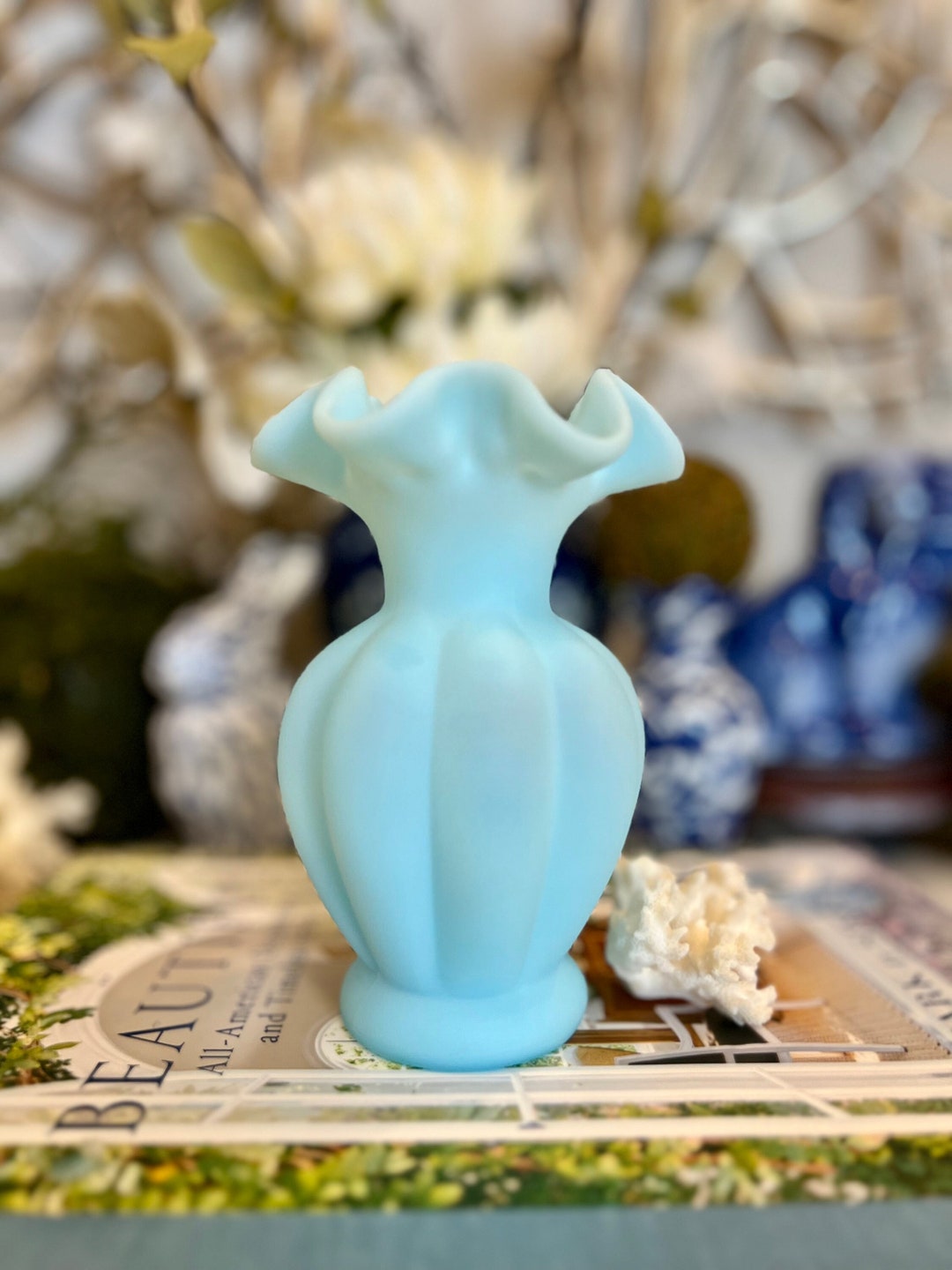 Fenton Blue Satin Melon Ruffle Top Vase - Etsy