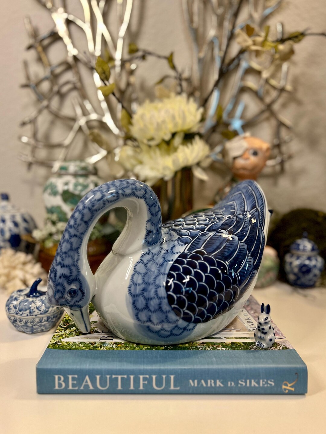 Blue and White Chinoiserie Asian Goose Pitcher - Etsy