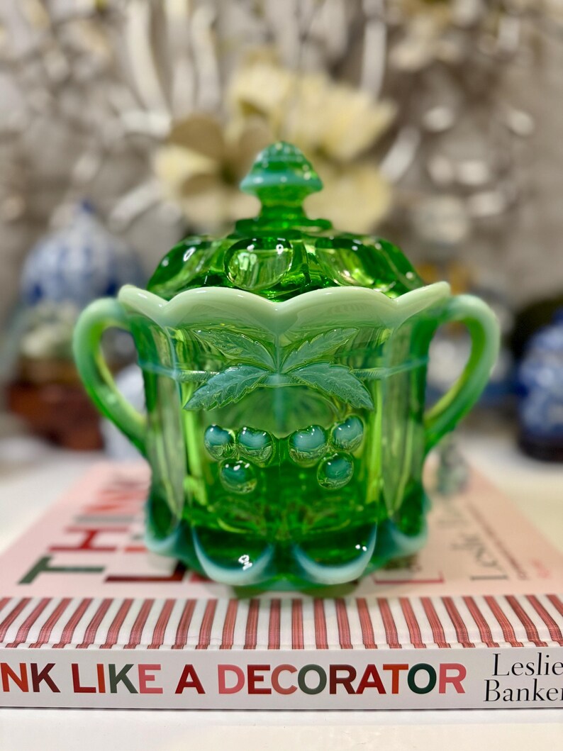 Mosser Glass Opalescent Green Cherry Thumbprint Biscuit Jar - Etsy