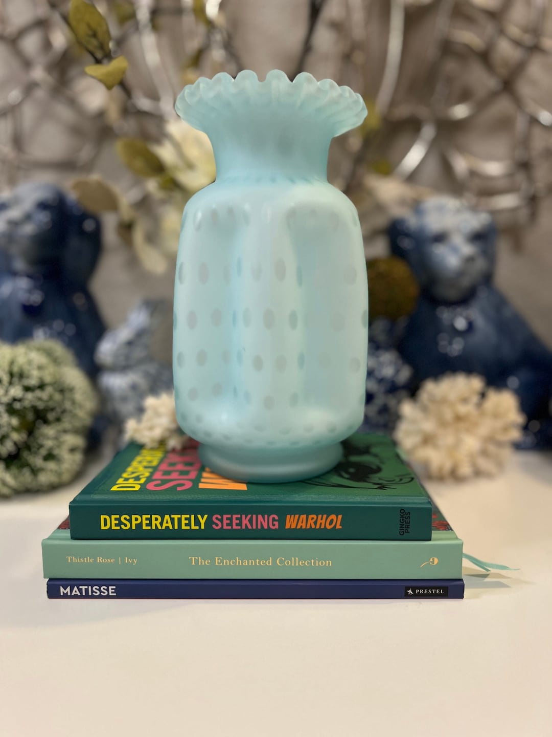 Fenton Satin Blue Bubble Optic Pinch Vase With Crimped Edge - Etsy