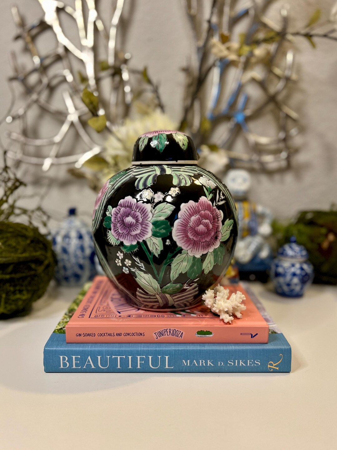 Black Asian Lidded Ginger Jar With Pink and Purple Flowers - Etsy