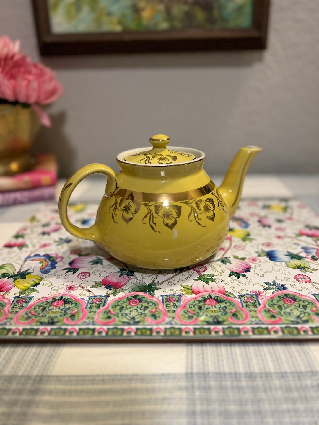 Hall China Yellow the New York Teapot With Gold Flower Design 6 Cup ...