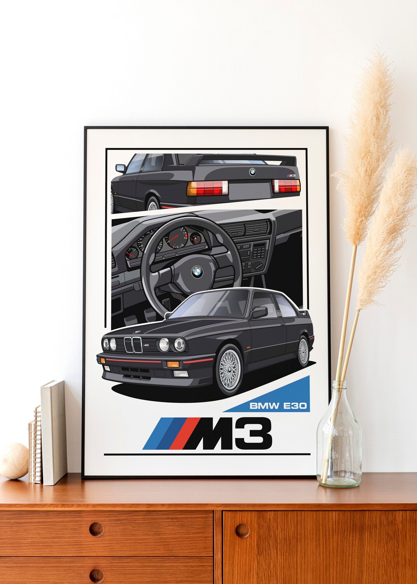 BMW E30 M3 M-power Poster Bmw Car Wall Poster Black Classic Car Poster Vintage Saab Poster Art ...