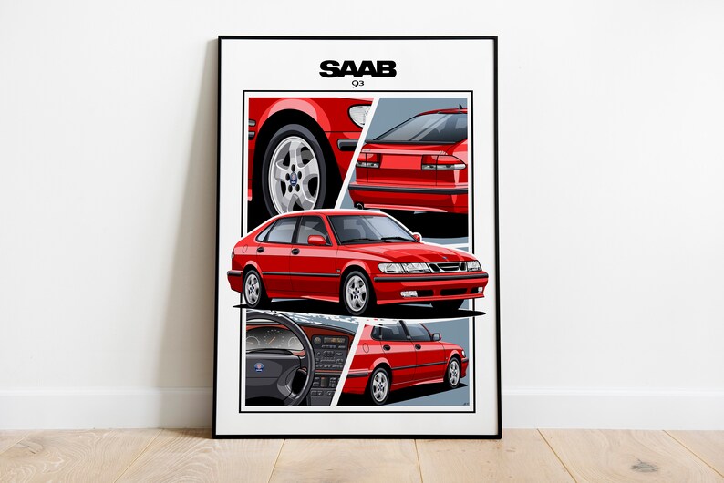 SAAB 93 OG póster rojo Sedán Saab Poster Wall Art Gift Room Office Home ...