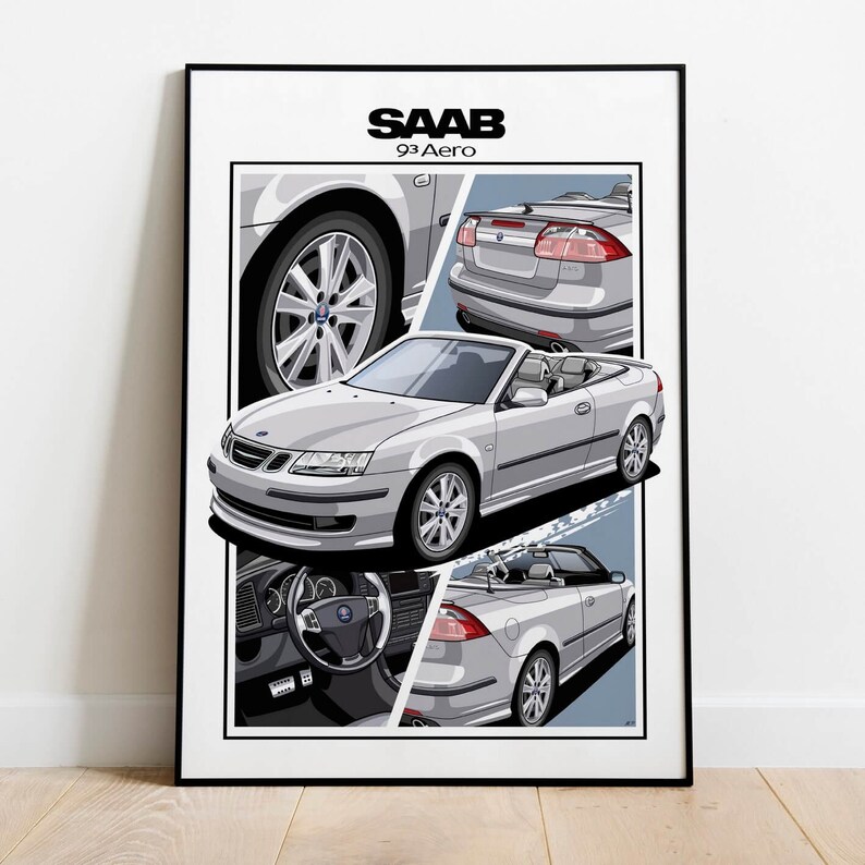 SAAB 93 Aero Cabrio Convertible Silver Car Saab Poster Wall Art Kids ...