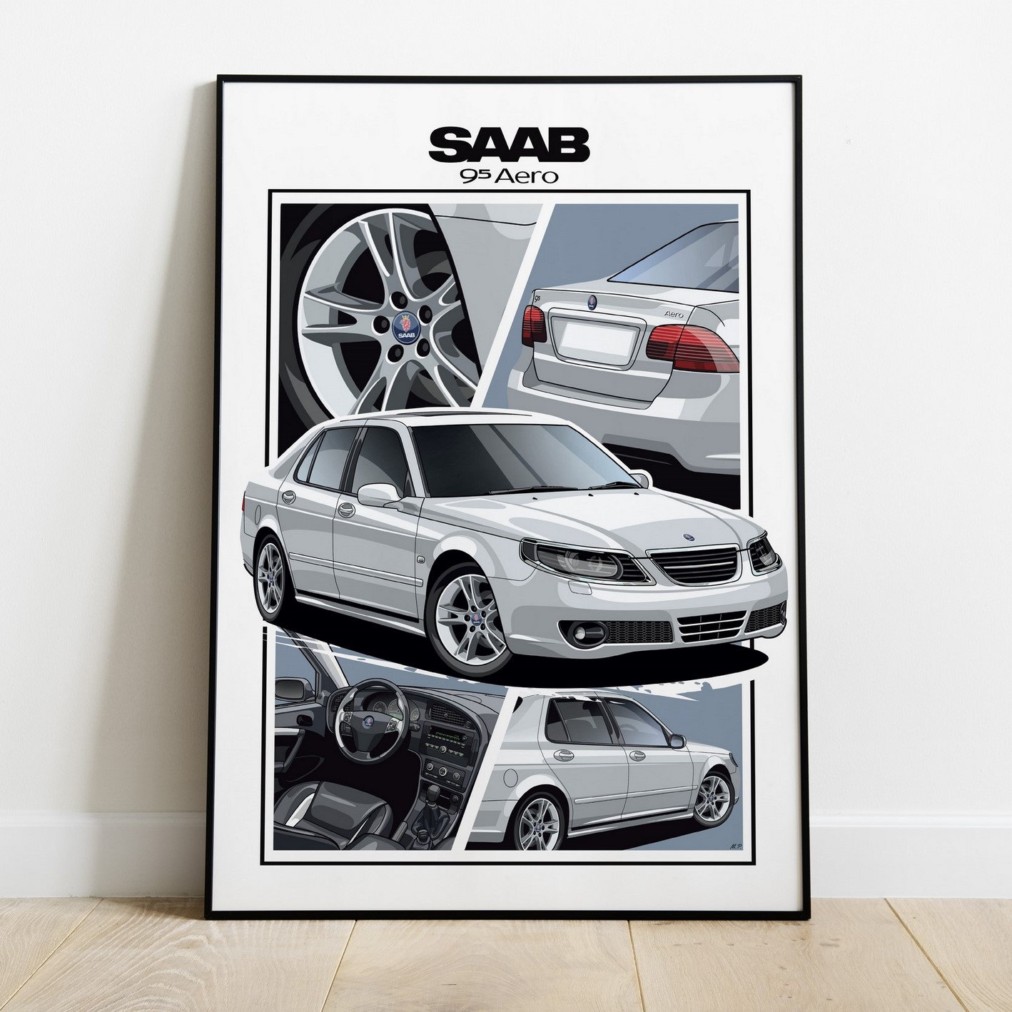 Saab 95 Aero Sedan Car Wall Poster Silver Saab Poster Wall Art Kids Man ...