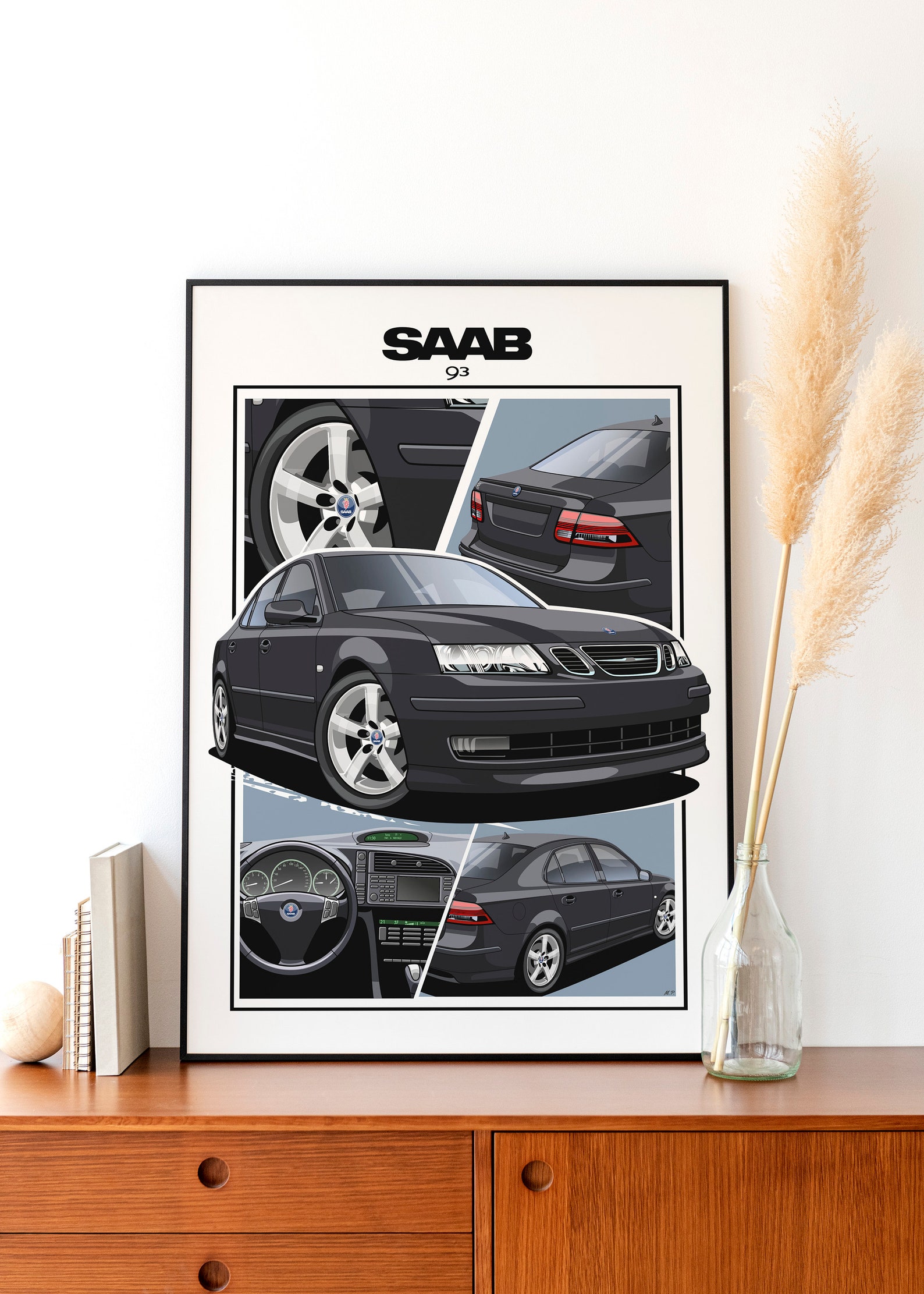 SAAB 93 Poster Sport Sedan Black Saab Car Wall Poster Wall Art Man Room ...