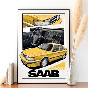 Saab 9000 Turbo Poster Saab Car Wall Poster Yellow Classic Car Poster ...