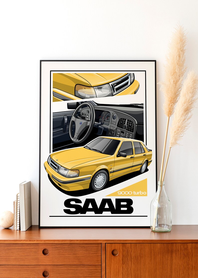 Saab 9000 Turbo Poster Saab Car Wall Poster Yellow Classic Car Poster ...